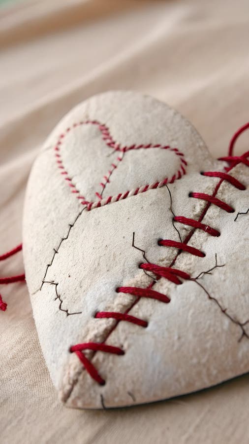 A Heart. Cracked but Not Broken. is Being Mended with Deep Red Thread ...