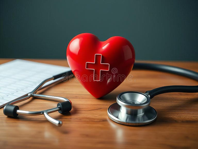 A Heart with a Cross and a Stethoscope on a Table Stock Illustration ...
