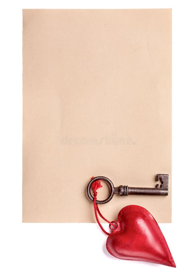 Heart Decoration and Key on Empty Paper Sheet Stock Photo - Image of ...