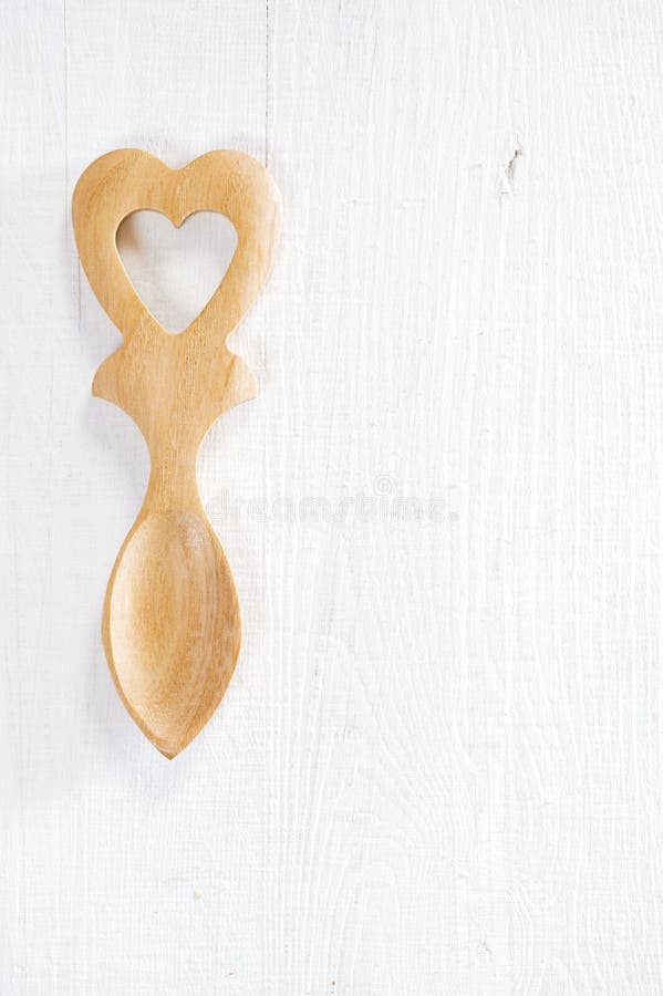 Heart Design Wooden Spoon on White Wood Backdrop Stock Image - Image of ...