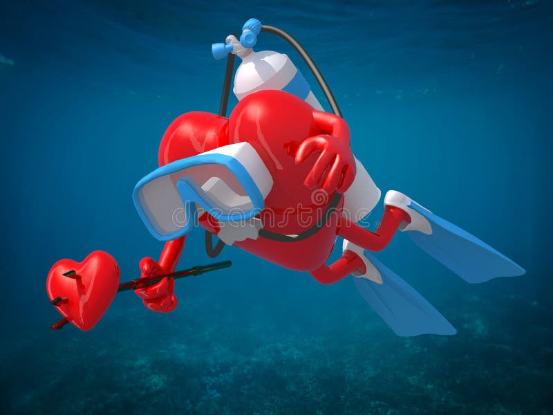Heart with Diving Goggles, Flippers and Trident Stock Illustration ...
