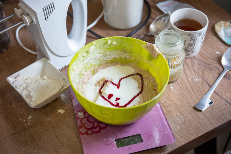 The Heart is Drawn on the Dough with Red Dye. Disorder in the Kitchen ...