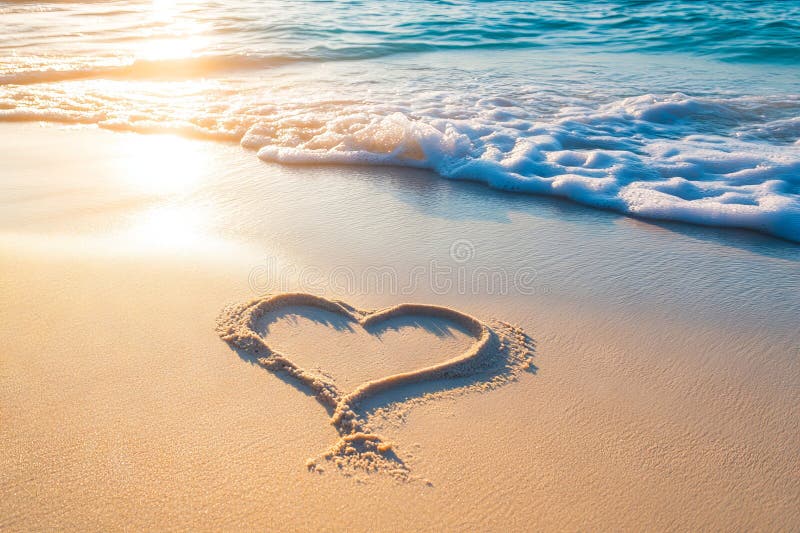 A Heart Drawn in the Sand on a Beach at Sunset Stock Photo - Image of ...
