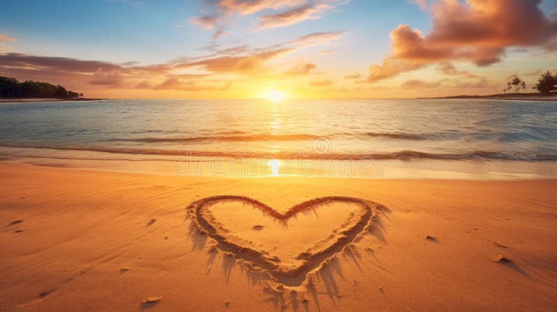 Heart Drawn in the Sand on the Beach at Sunset. Heart Shape Stock Image ...