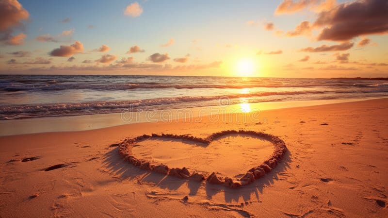 Heart Drawn in the Sand on the Beach at Sunset. Heart Shape Stock Image ...