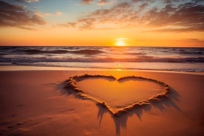 A Heart Drawn on the Sandy Beach, Illuminated by the Sunset Over the ...
