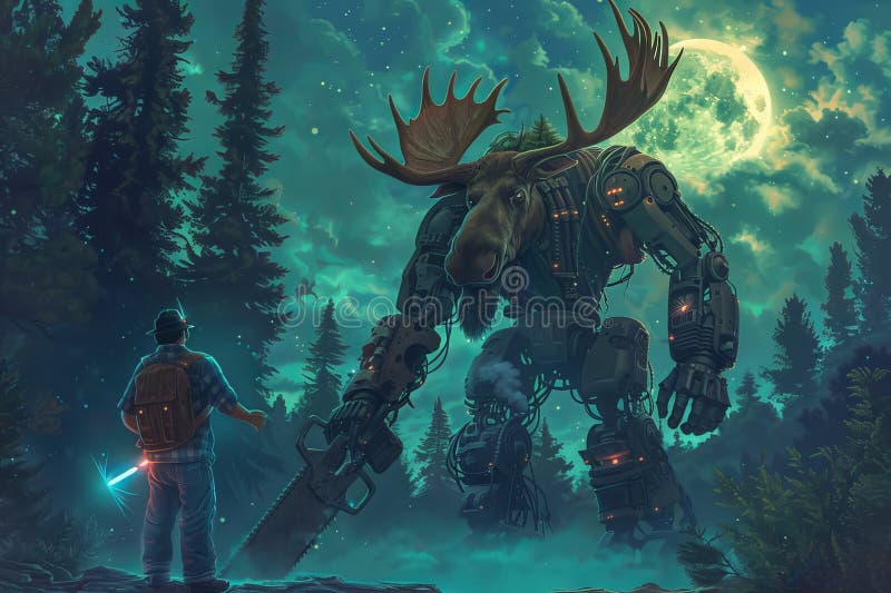 In the Heart of an Emerald Forest a Lumberjack with a Glowing Chainsaw ...