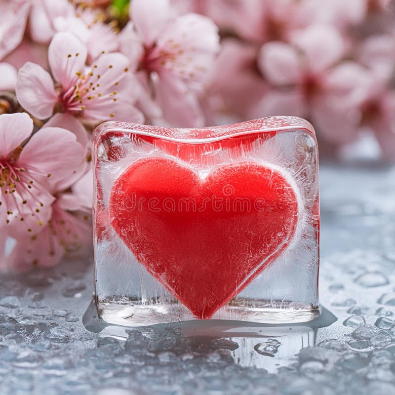 A Heart Encased in an Ice Cube, Against a Backdrop of Cherry Blossoms ...