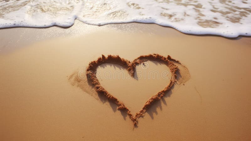 A Heart Etched in Sand, Viewed from Above, with Waves and Sunlight ...