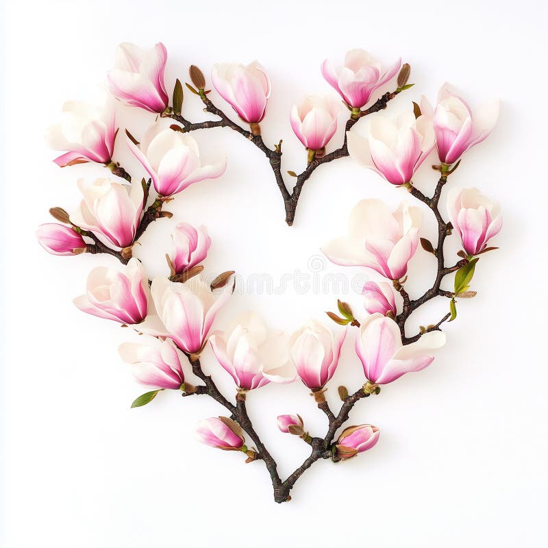 Heart Frame of Pink Magnolia on a White Backdrop, Stock Illustration ...