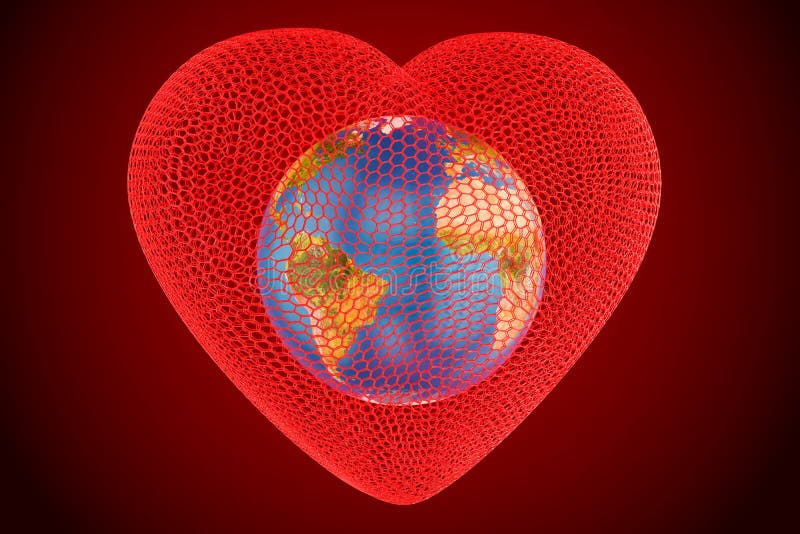 Heart with Globe Earth Inside Concept, 3D Stock Illustration ...