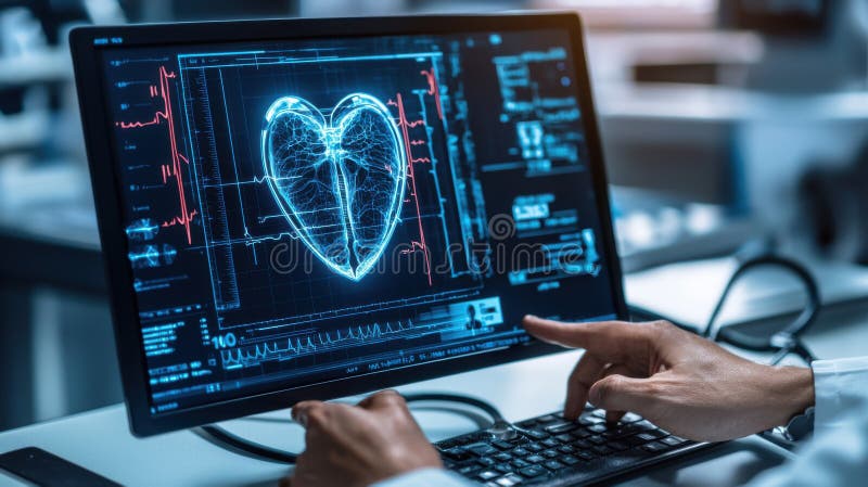 Heart Health Data Visualization on Computer Screen with Hands Stock ...