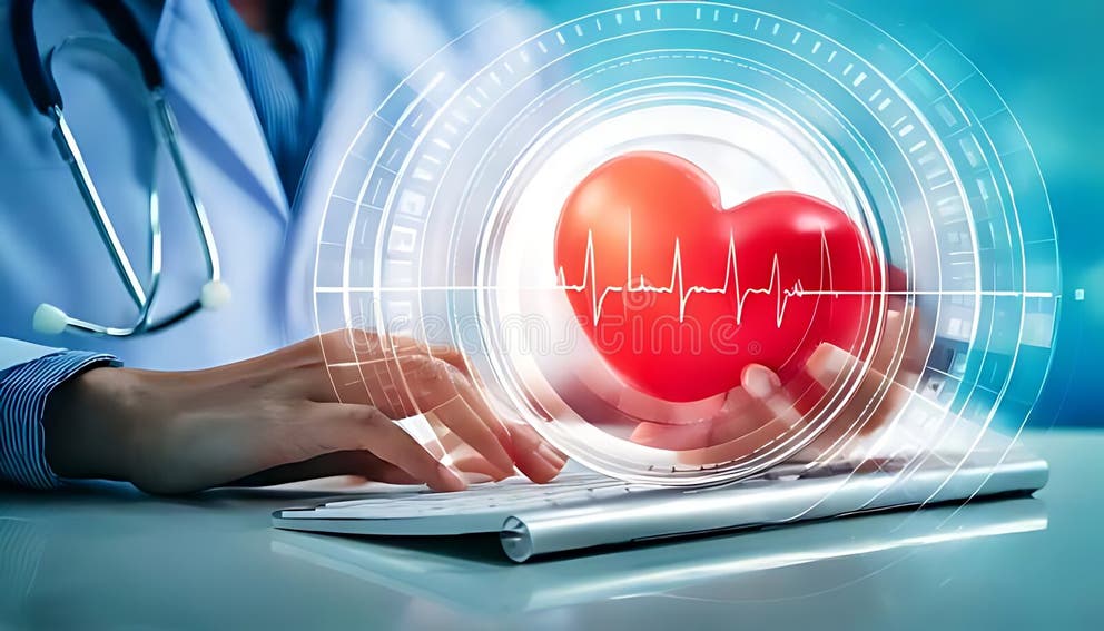 Heart Icon, Electrocardiogram Doctor Working with Computer Keyboard in ...