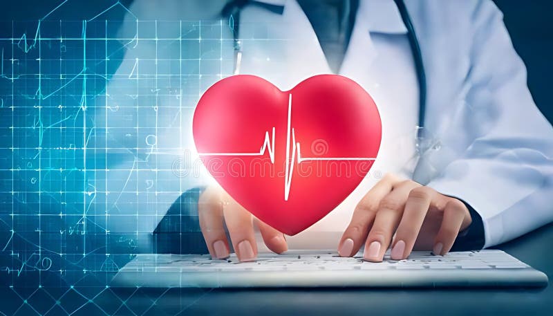 Heart Icon, Electrocardiogram Doctor Working with Computer Keyboard in ...