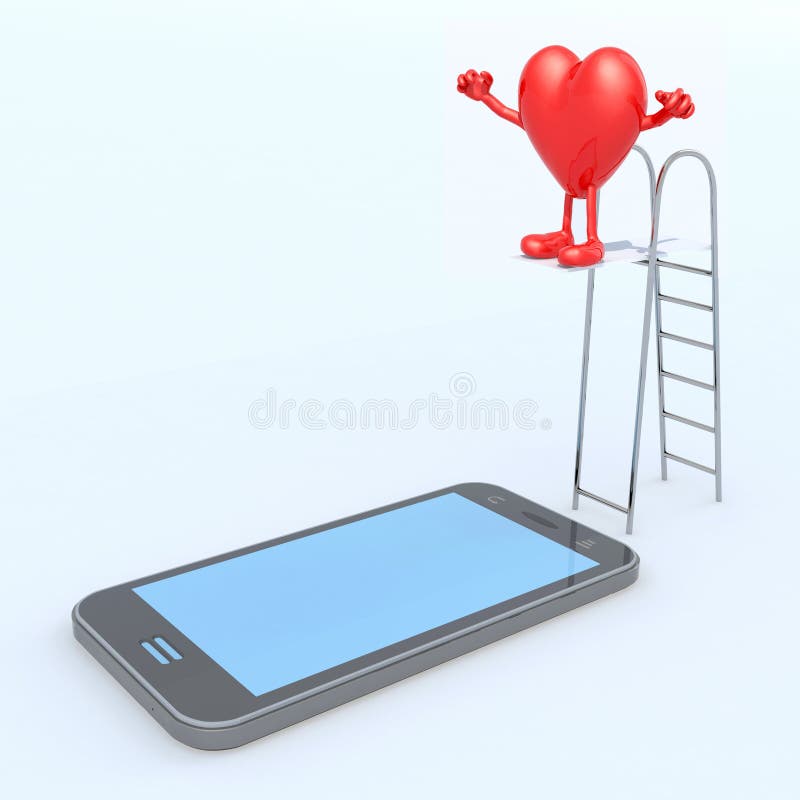 Heart on Ladder Pool that Plunges on the Mobile Phone Screen Stock ...