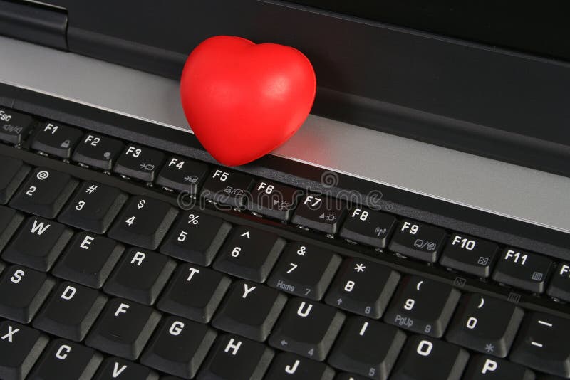 Red Heart with Laptop on Wooden Table, Memory of Love, Heart Shaped ...