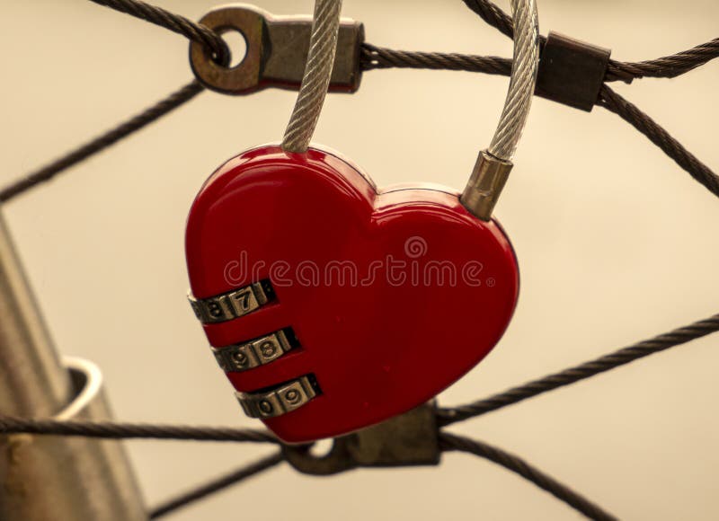 Heart Lock at the Bridge, Red Heart Lock with a Code, Love and Passion ...