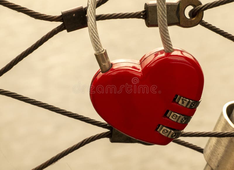 Heart Lock at the Bridge, Red Heart Lock with a Code, Love and Passion ...