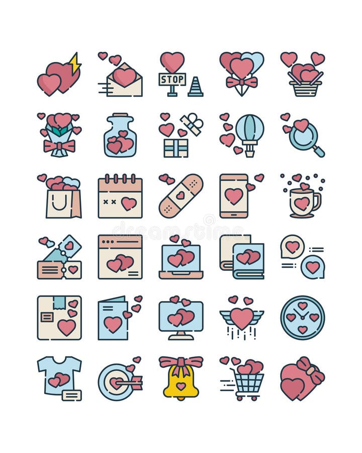 Heart Love Filled Outline Icon Set Stock Illustration - Illustration of ...