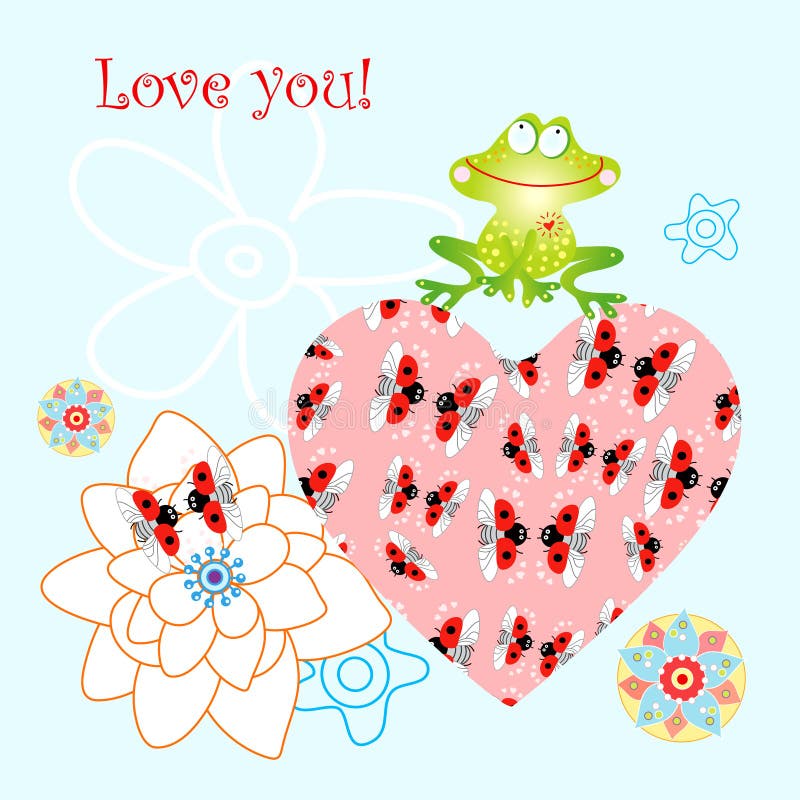 The Heart of Love and Funny Frog Stock Vector - Illustration of flowers ...