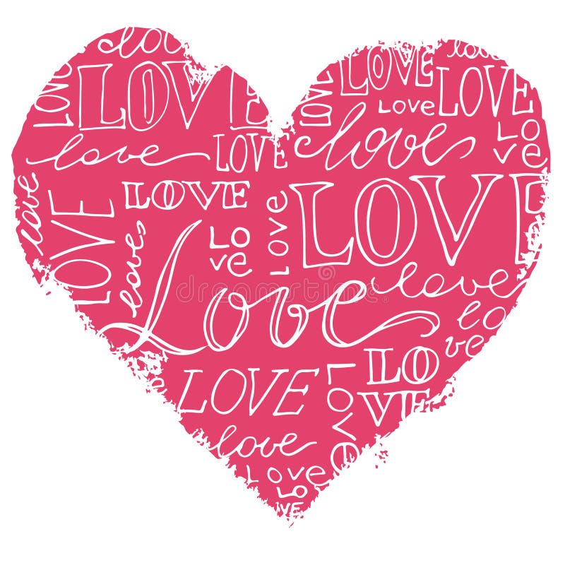 Heart Love Hand Written Lettering, Romantic Love Vector Illustration ...