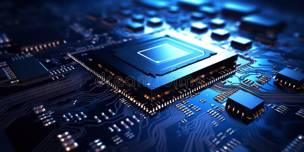 Heart of the Machine: Microprocessor in Cool Glow. Blue Motherboard ...