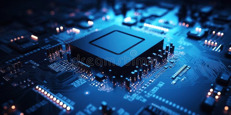 Heart of the Machine: Microprocessor in Cool Glow. Blue Motherboard ...