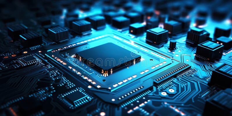 Heart of the Machine: Microprocessor in Cool Glow. Blue Motherboard ...