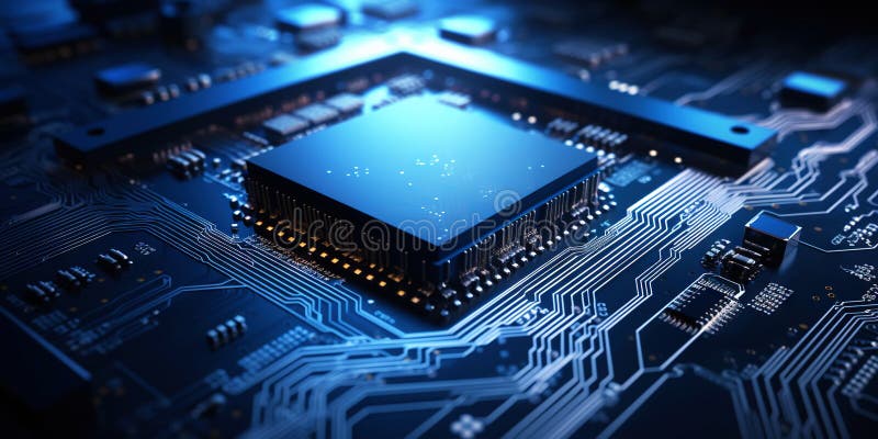 Heart of the Machine: Microprocessor in Cool Glow. Blue Motherboard ...