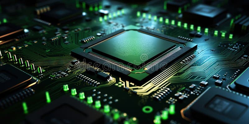 Heart of the Machine: Microprocessor in Green Glow. Motherboad ...