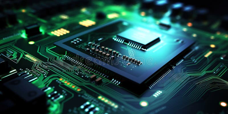 Heart of the Machine: Microprocessor in Green Glow. Motherboad ...