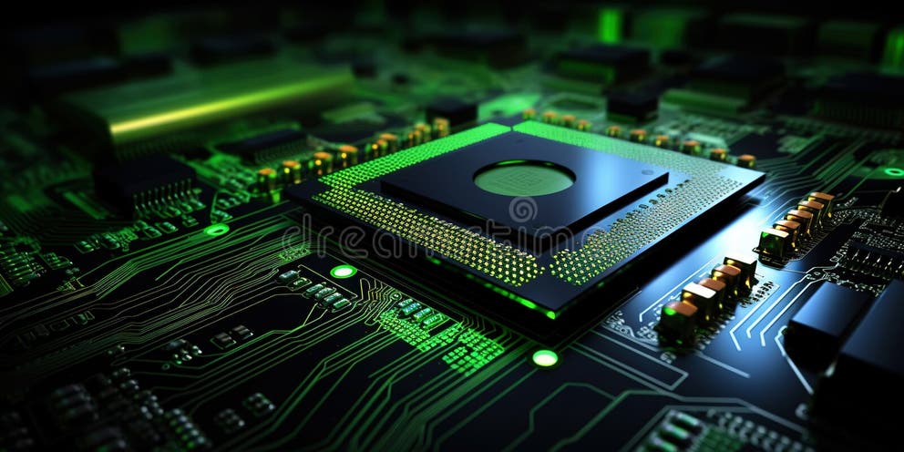 Heart of the Machine: Microprocessor in Green Glow. Motherboad ...