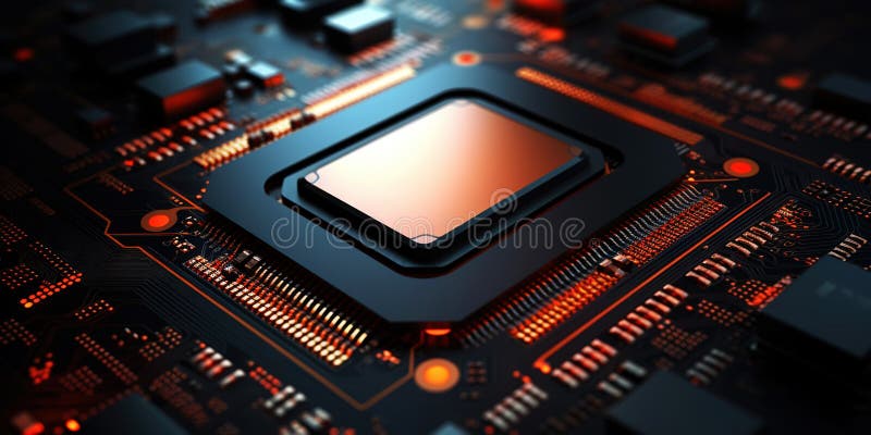 Heart of the Machine: Microprocessor in Warm Glow. Red Motherboard ...