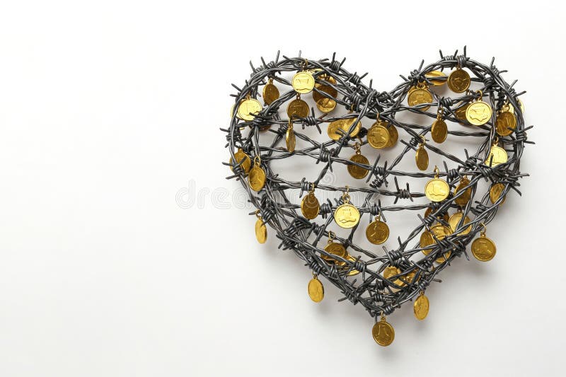 A Heart Made of Barbed Wire with Gold Coins. Space for Text. Stock ...