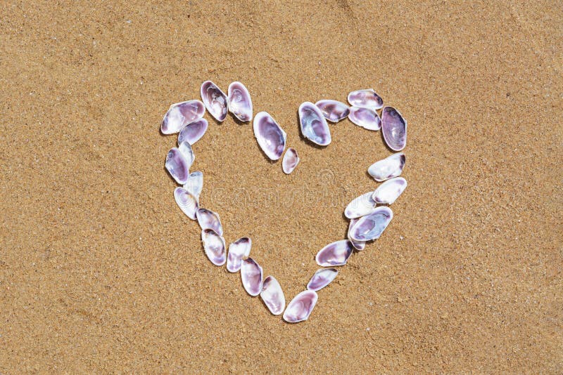 Heart Made with Beautiful Sea Shells on Wet Sand, Flat Lay Stock Photo ...