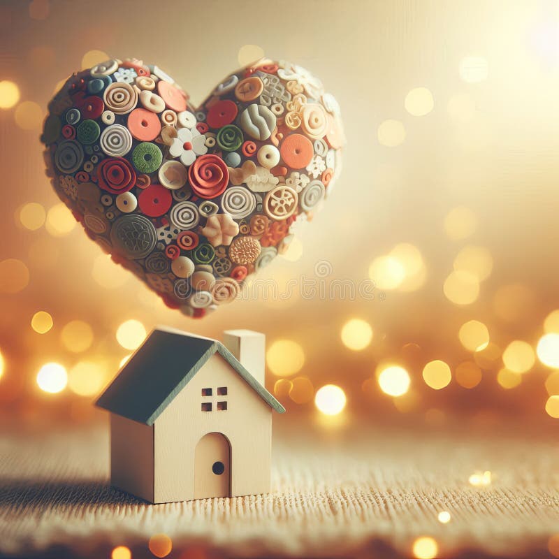 Heart Made of Buttons Floating Above Tiny House Stock Image - Image of ...