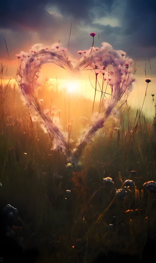 Heart Made of Field White Flowers in a Field at Sunset. Heart As a ...