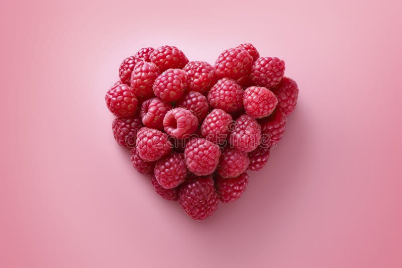 Heart Made of Fresh Raspberries on Pink Background, Top View Stock ...