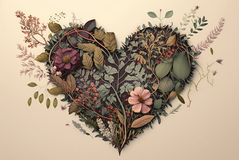 Heart Made of Leaves and Flowers, Surrounded by Delicate Artwork Stock ...