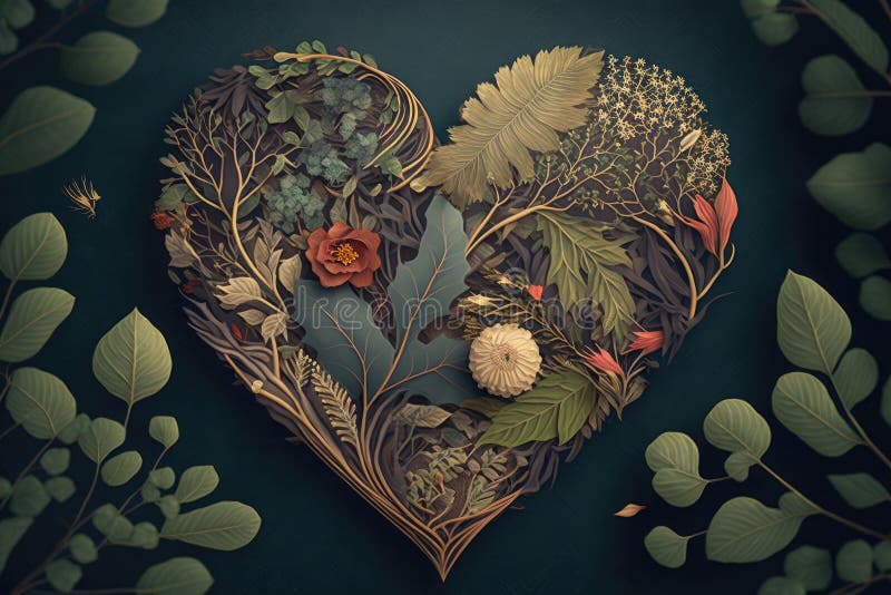 Heart Made of Leaves and Flowers, Surrounded by Delicate Artwork Stock ...