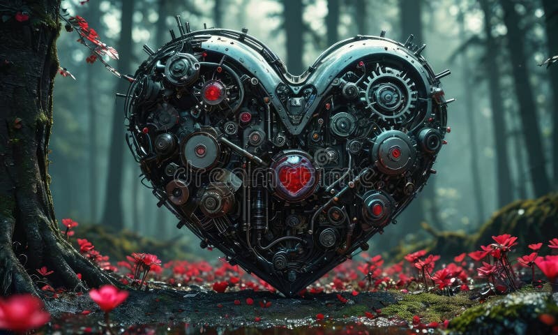 A Heart Made of Metal is Surrounded by a Forest Setting. the Heart is ...