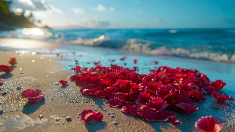 Heart Made of Red Flower Petals on a Sandy Beach with Ocean Waves in ...