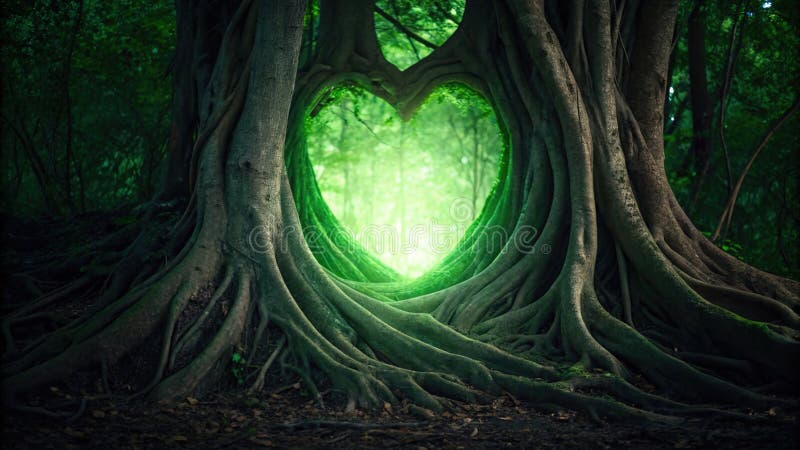 Heart Made of Tree Roots, Glowing Softly with Green Leaves Stock ...