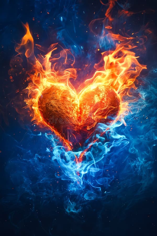 A Heart in the Middle of a Fire and Blue Smoke. Generative AI Stock ...