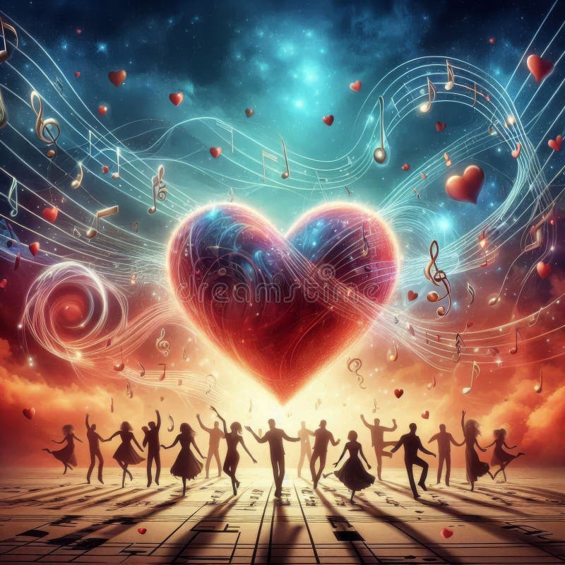 Heart and Musical Notes in a Cosmic Dance Stock Image - Image of music ...