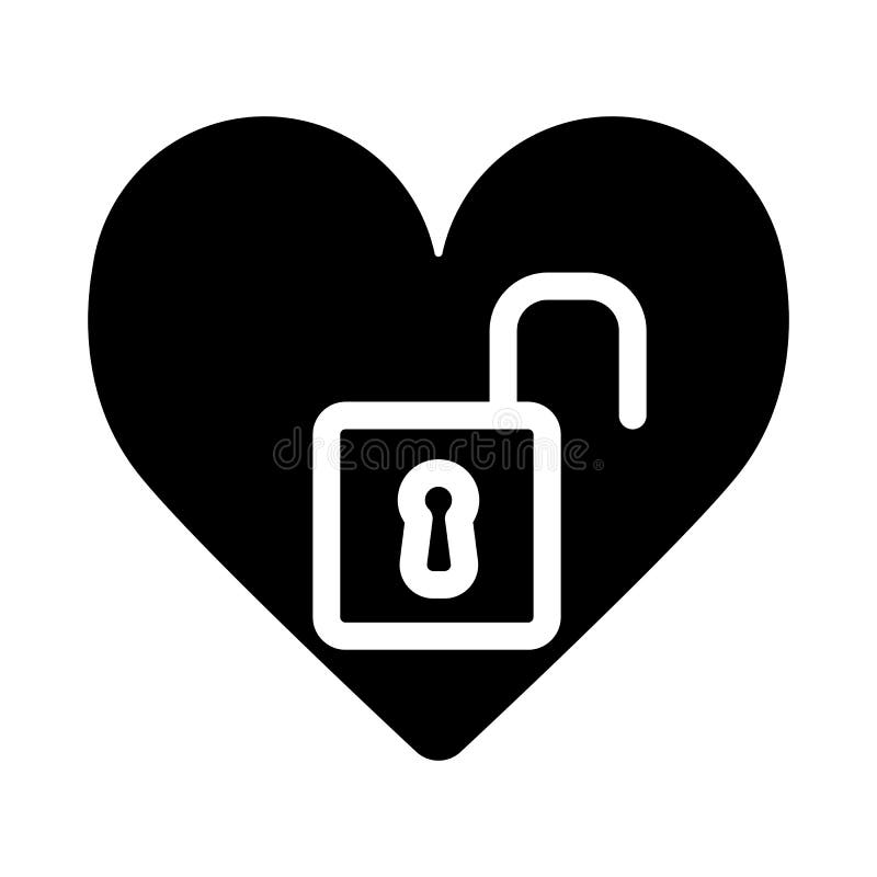 Heart Open Lock Vector Icon. Black and White Love Illustration. Solid ...