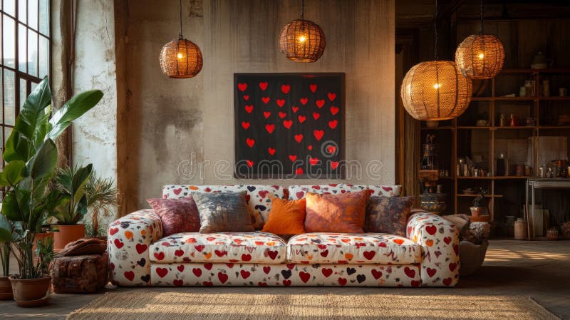 Heart Patterned Sofa in a Rustic Industrial Living Room Stock ...