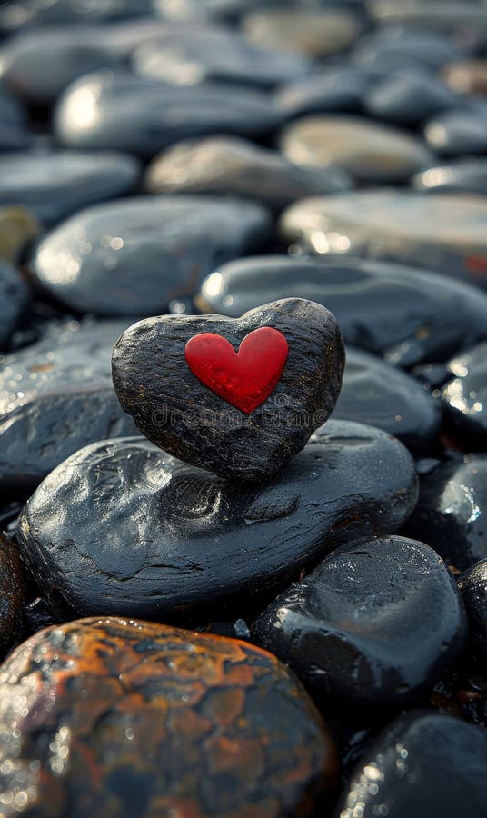 A Heart is Placed on a Pile of Rocks. the Heart is Red and Black Stock ...