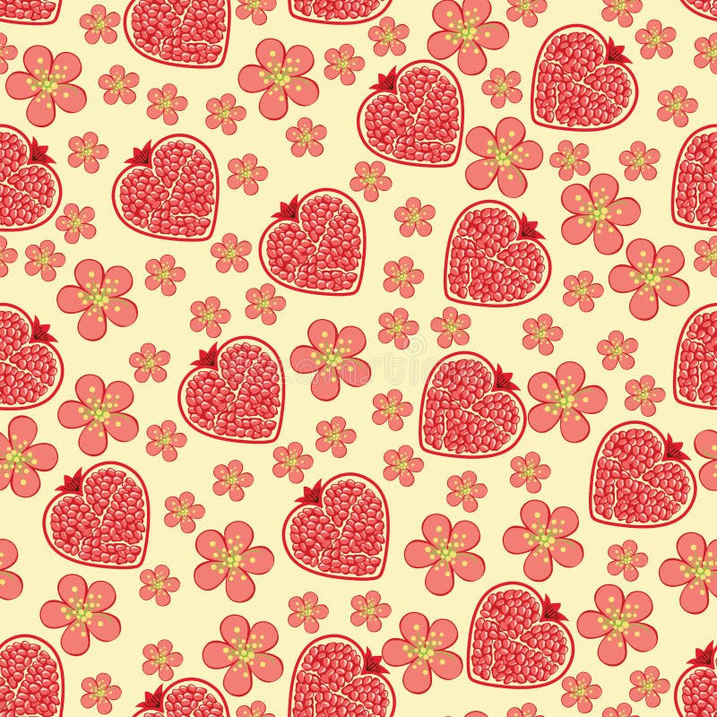Heart of Pomegranate Fruit and Flowers.Seamless Pa Stock Vector ...