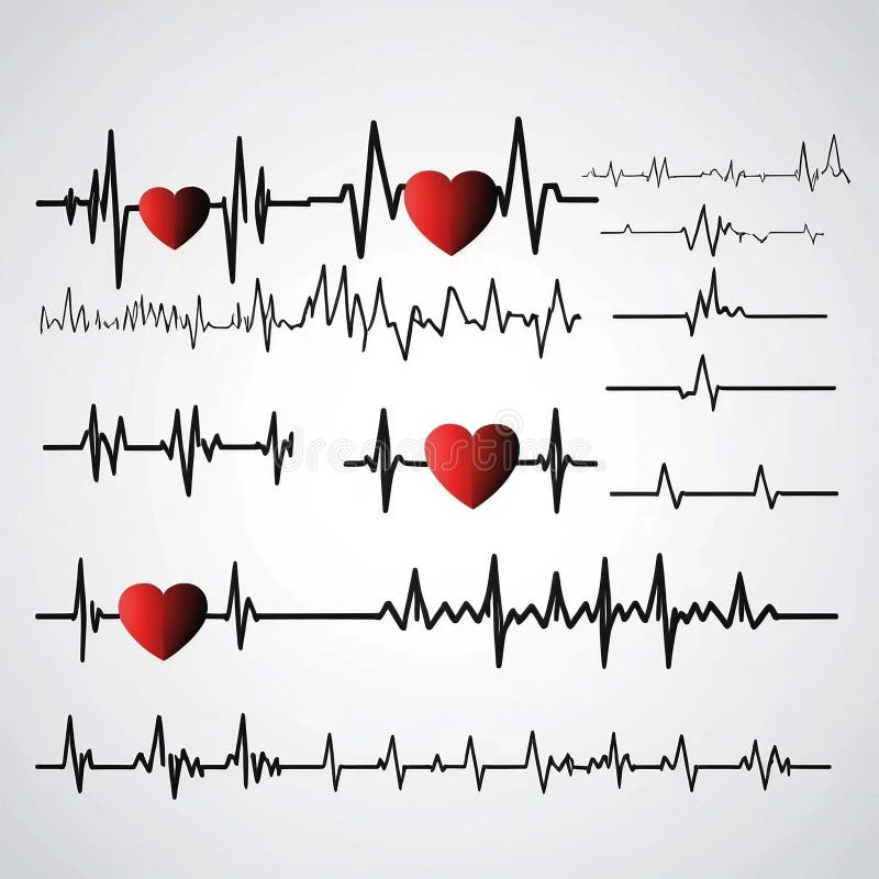 Heart Rhythm Set with Red Hearts â€ ECG EKG Pulse Line Vector ...